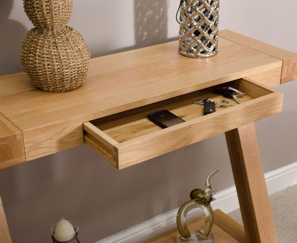 Striking Z Solid Oak Console Hall Table - 1 Drawer